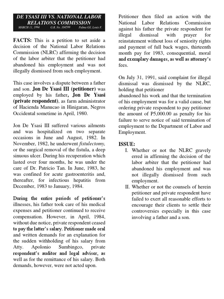 De Ysasi III V NLRC Digest | PDF | Employment | Mediation