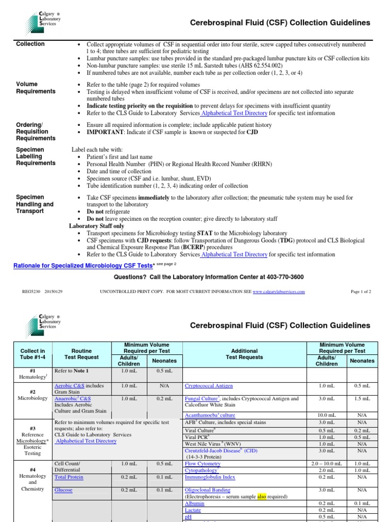 Cerebrospinal Fluid (CSF) Collection Guidelines | PDF | Cerebrospinal ...