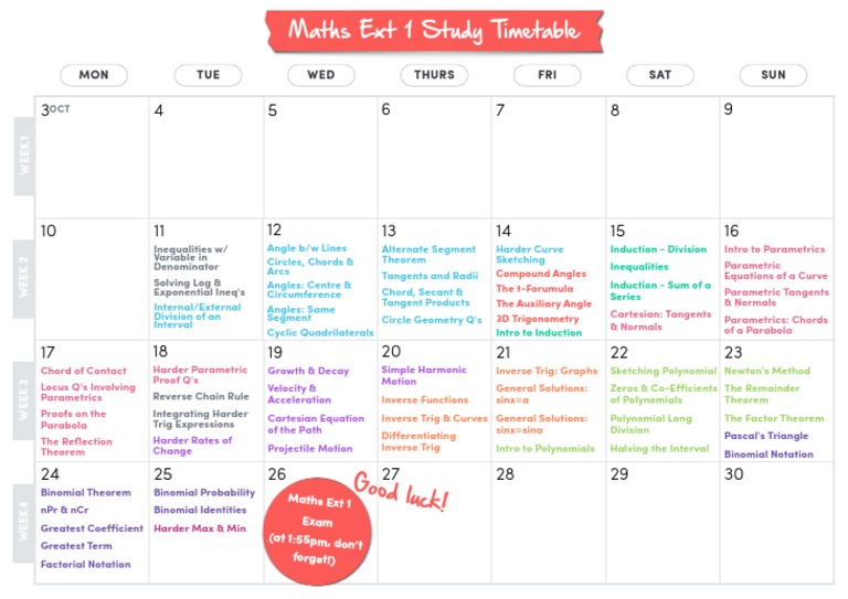 A Comprehensive Study Timetable for Mathematics Extension 1 Exam ...