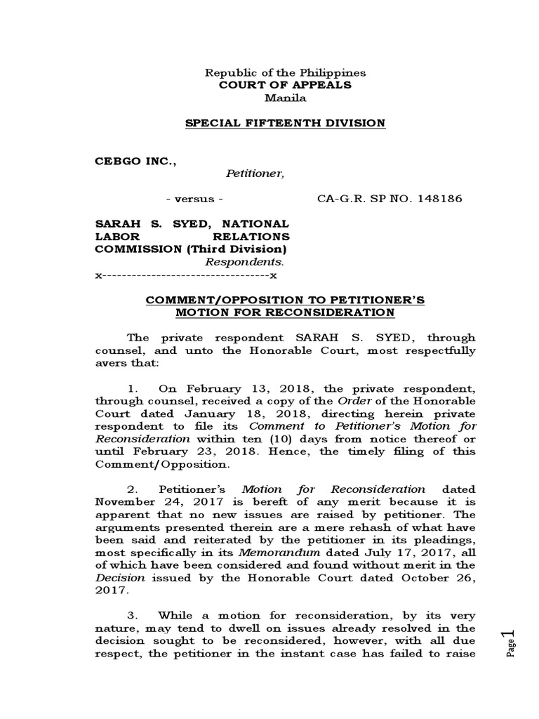 Comment On Motion For Reconsideration Syed (Cebgo) | PDF | Burden Of Proof (Law) | Legal Procedure