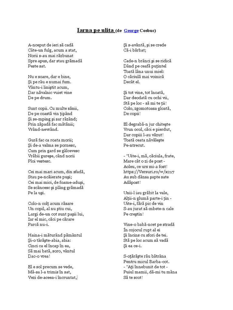 Iarna Pe Ulita de George Cosbuc