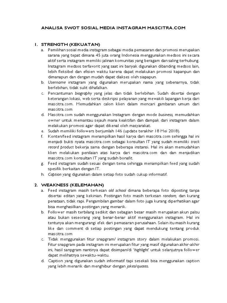 Analisis SWOT Instagram Mascitra.com | PDF