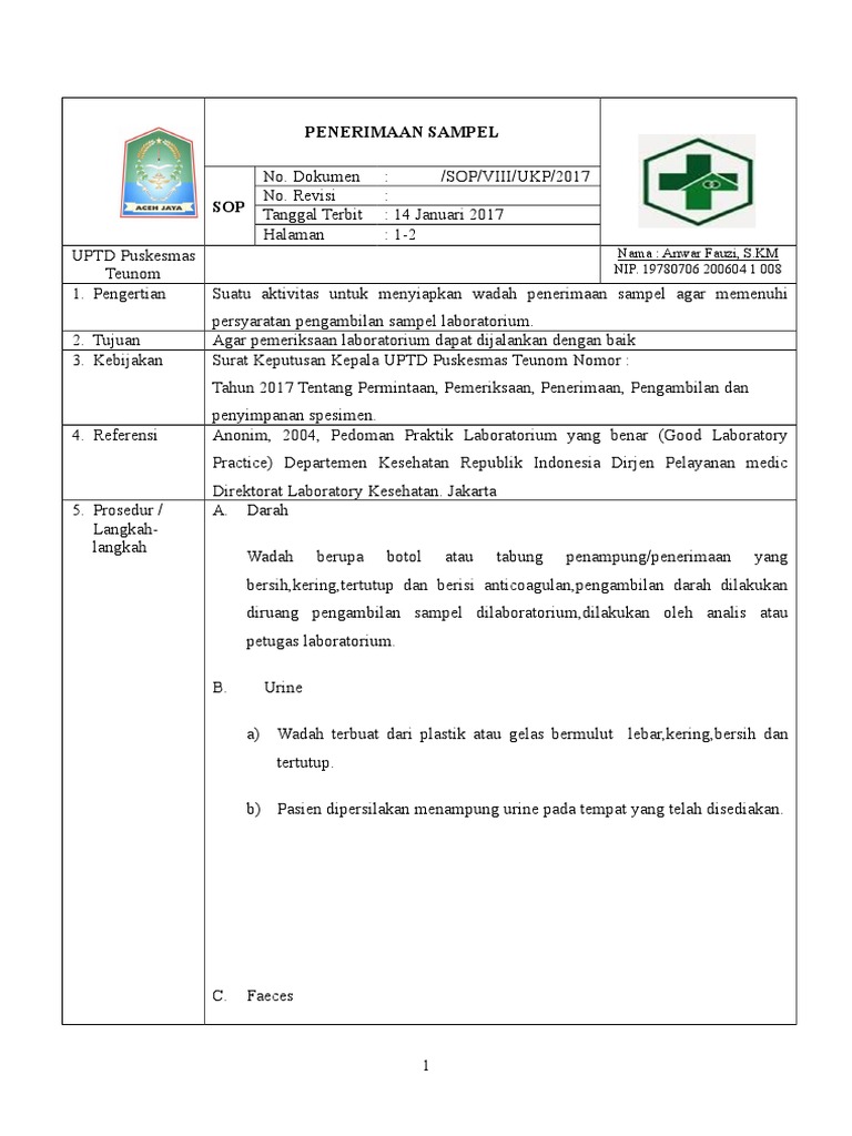 K 8.1.2 Ep 1 Sop Penerimaan Sampel | PDF | Pengembangan Diri ...
