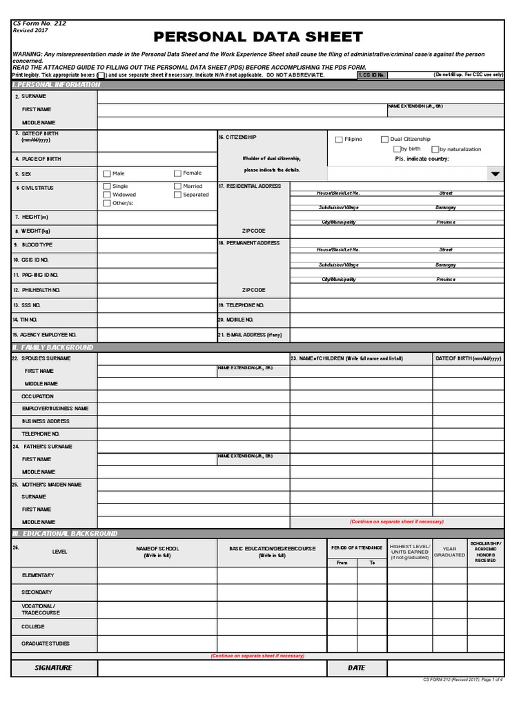 CS Form No. 212 Revised Personal Data Sheet - New PDF | PDF | Passport ...