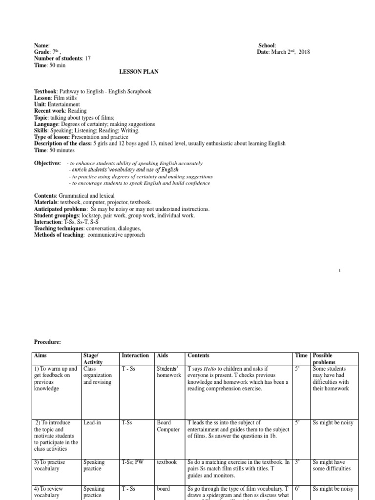 Film stills lesson plan (38 characters | PDF | English Language | Behavior Modification