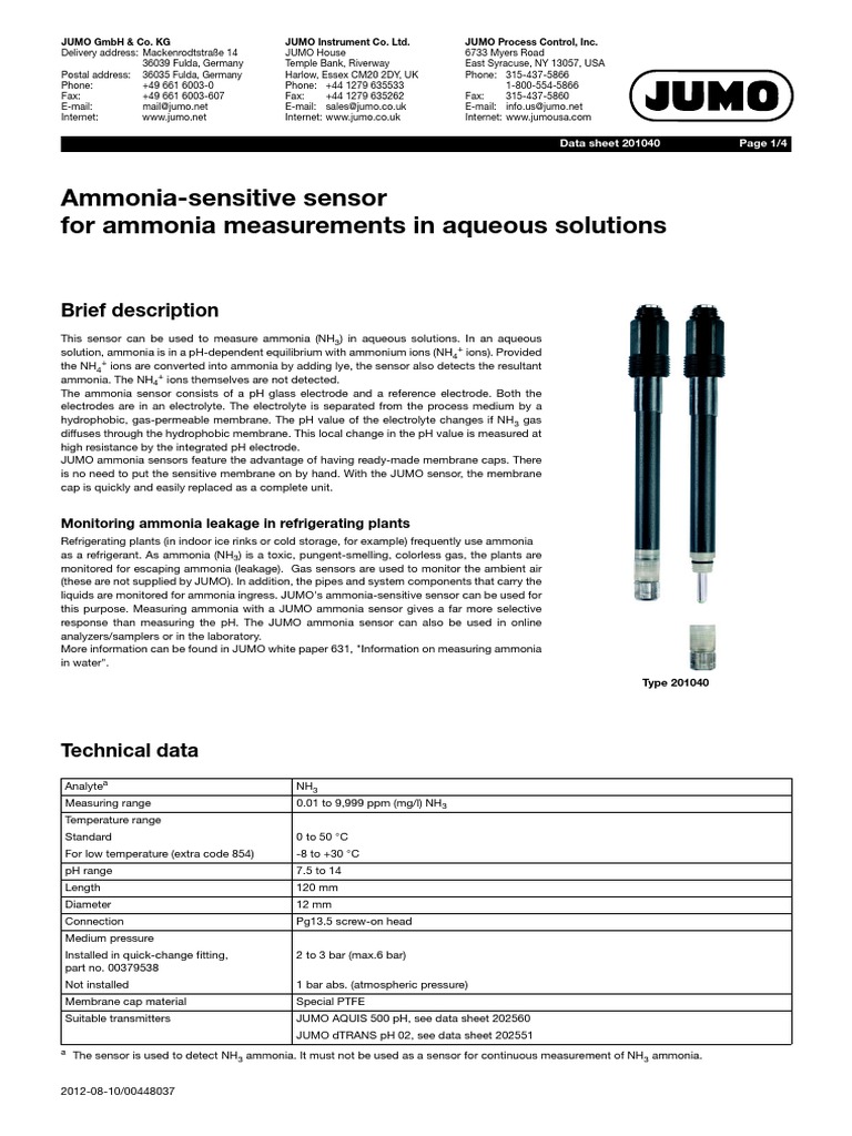Ammonia-Sensitive Sensor For Ammonia Measurements in Aqueous Solutions ...