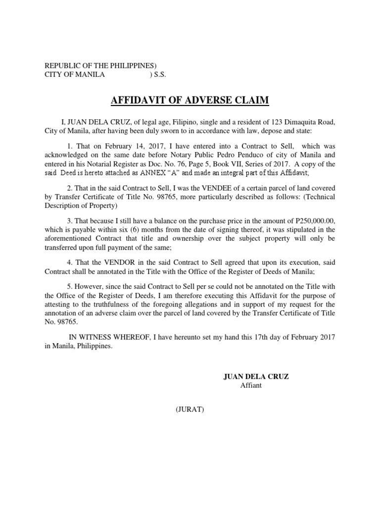 Affidavit of Adverse Claim by Dela Cruz | PDF