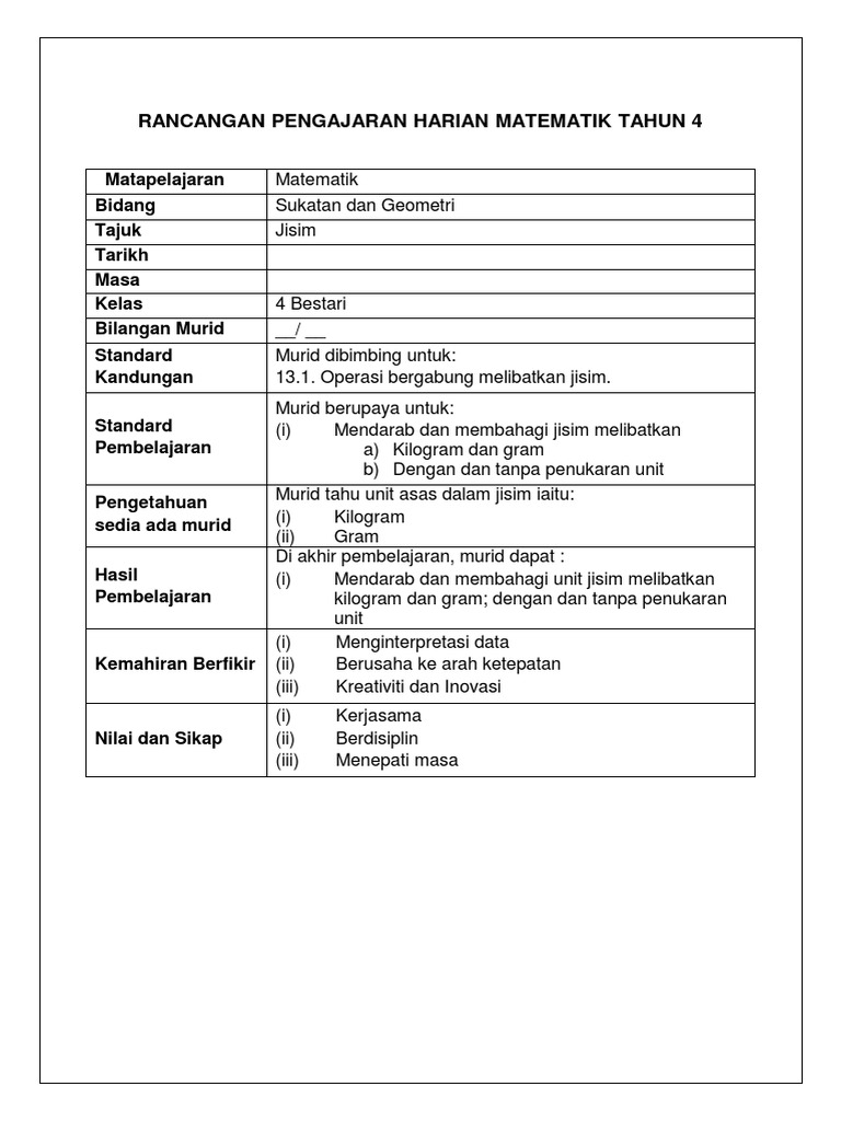 RPH Jisim Darab & Bahagi | PDF
