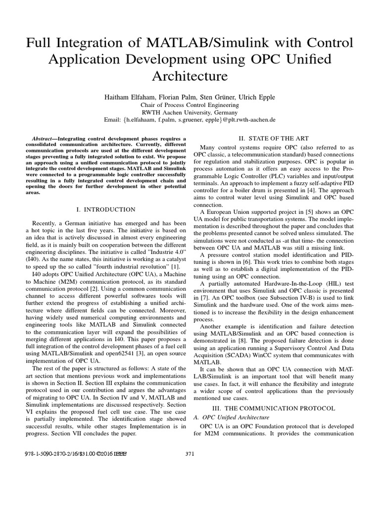 Full Integration of Matlab Simulink With Control Application Developement Using OPC UA ...