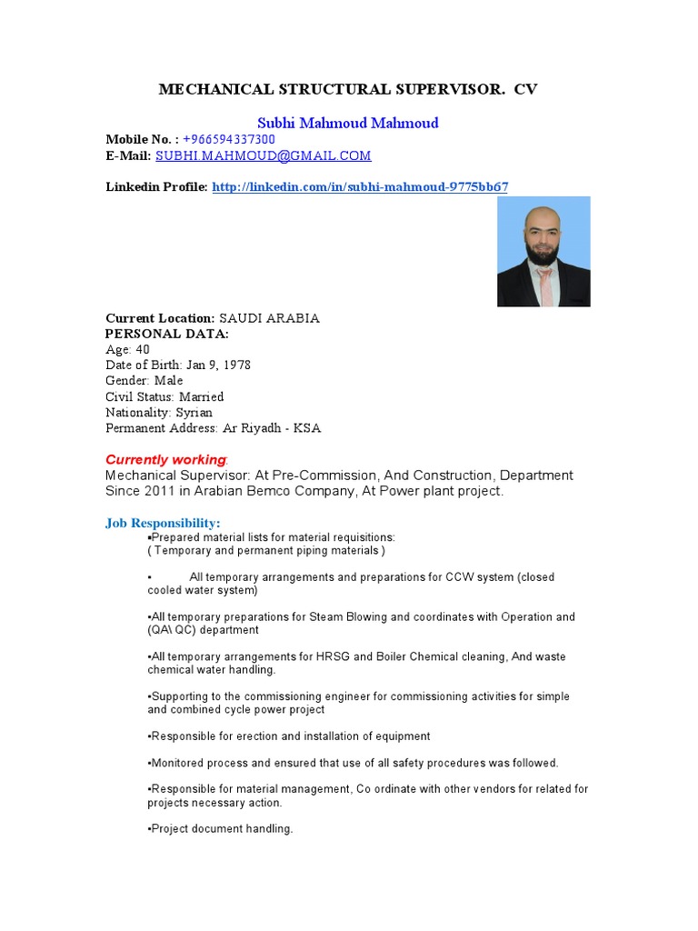 Mechanical Structural Supervisor .CV. | PDF | Employment