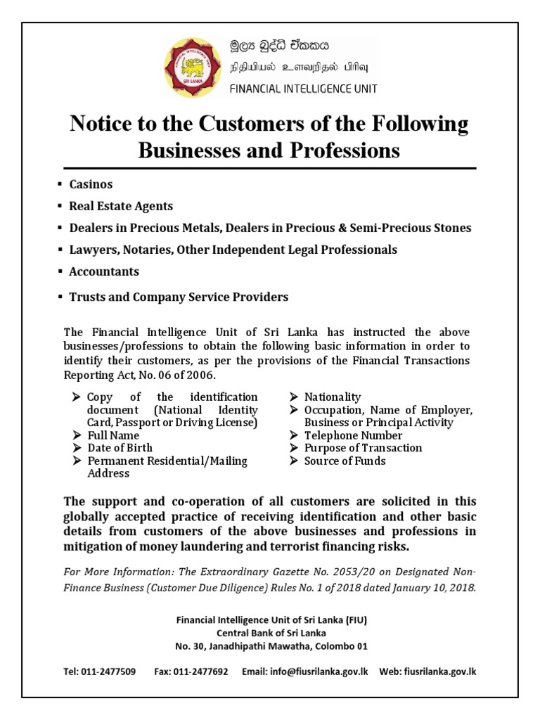 CBSL Notice To Customers DNFBPS-English | PDF