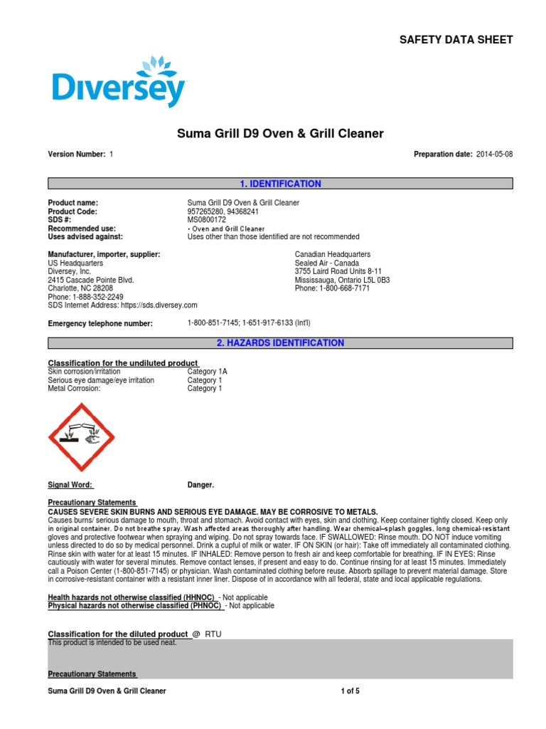 Suma Grill D9 Oven & Grill Cleaner: Safety Data Sheet | PDF | Resource ...
