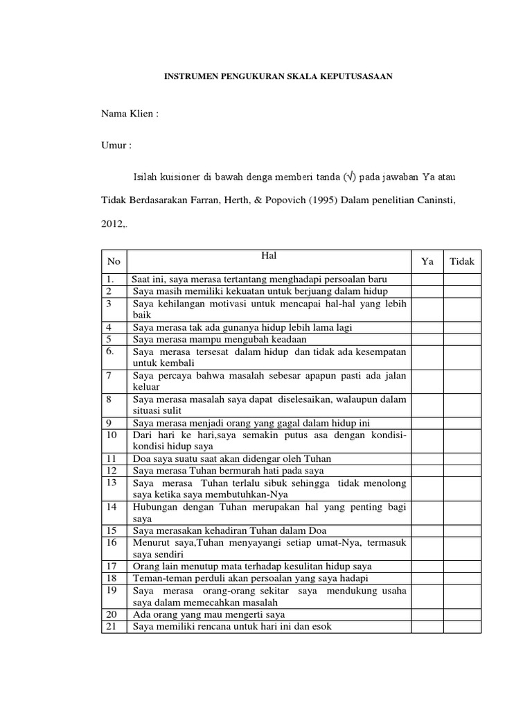 Instrumen Pengukuran Skala Keputusasaan | PDF