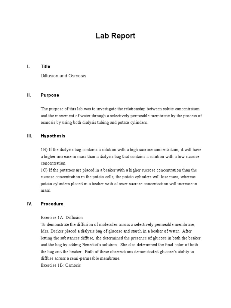 Lab Report: I. Title | PDF | Osmosis | Cell Membrane