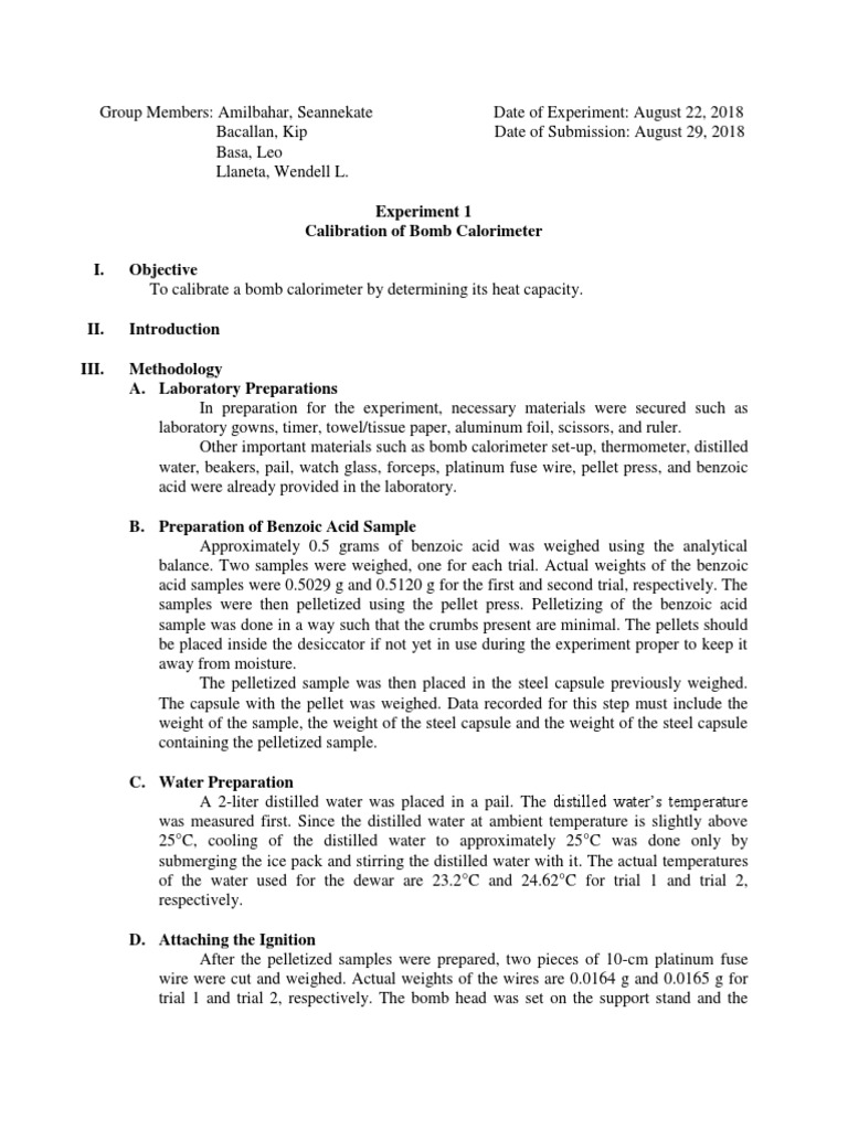 Calibration of a Bomb Calorimeter: Determining Heat Capacity Through ...
