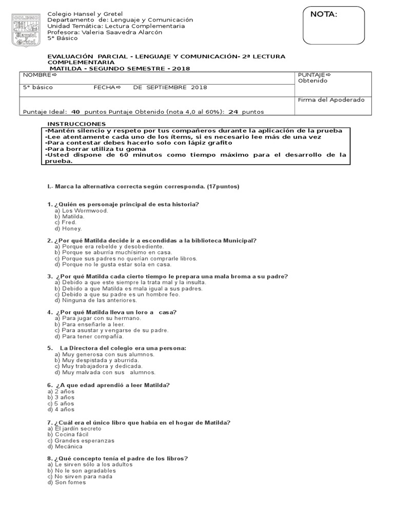 Prueba Del Libro Matilda | PDF | Ocio