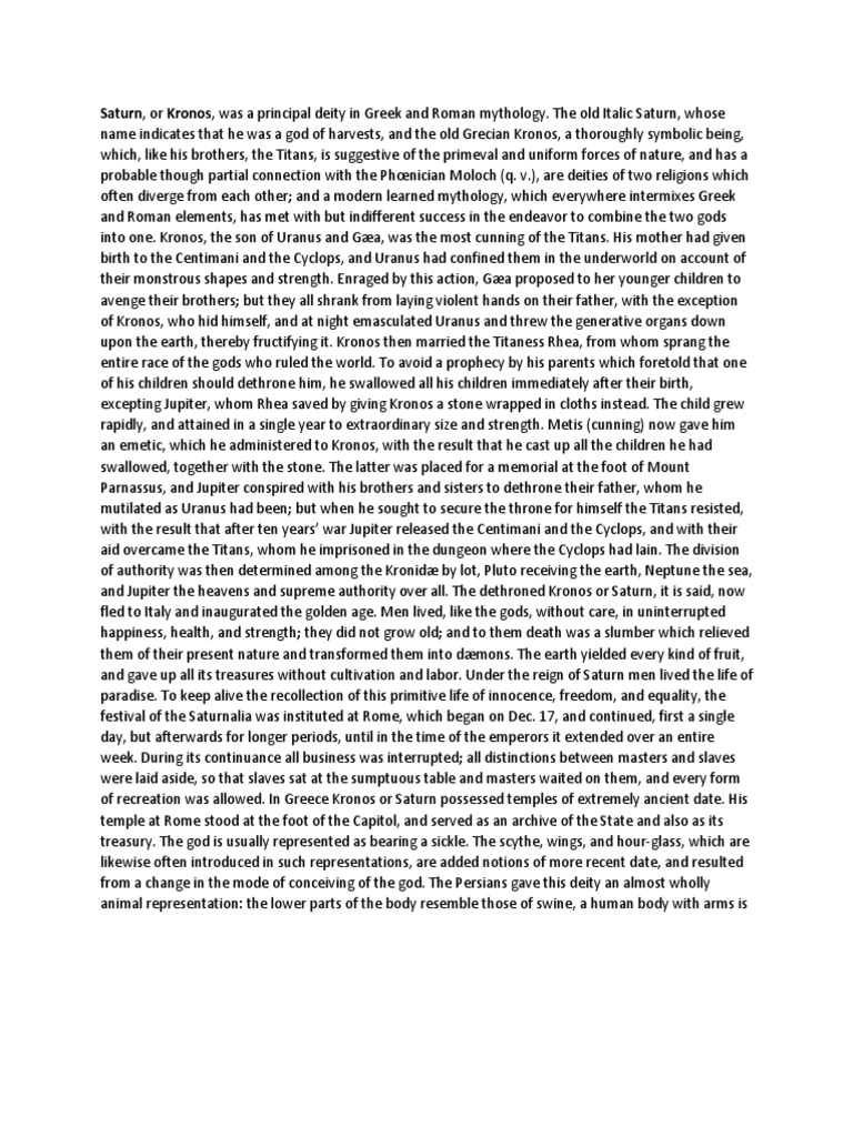 Saturn, or Kronos, Was A Principal Deity in Greek and Roman Mythology ...