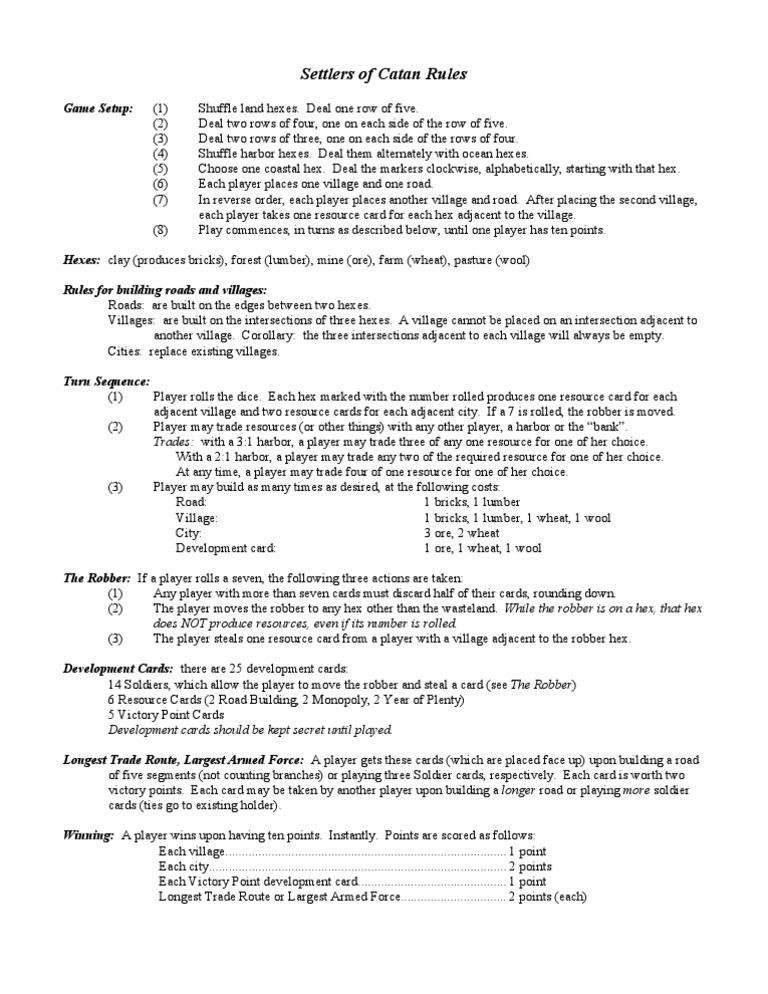 Settlers of Catan Rules | PDF | Playing Cards | Games Of Chance