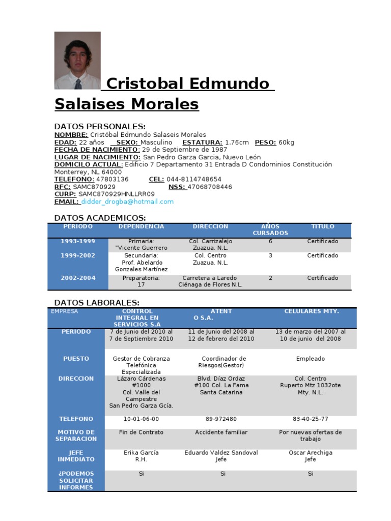 Datos personales de Cristóbal Salaises | PDF