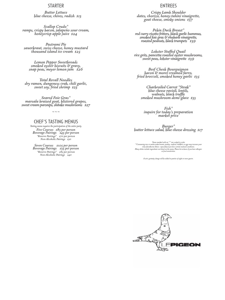 LePigeon Dinner Menu | PDF | Menu | Salad