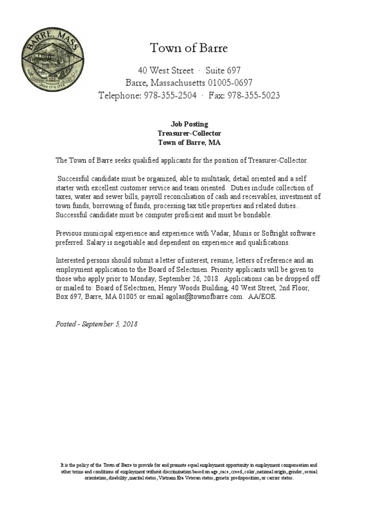 Treasurer - Collector Job Posting | PDF