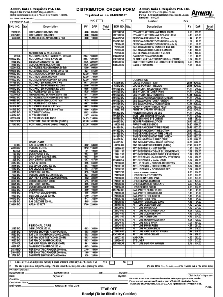 Distributor Order Form North | Toiletry | Cheque