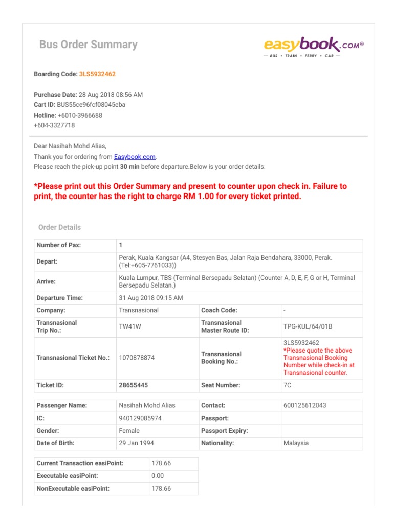 Easybook - Order Summary PDF | PDF | Ticket (Admission) | Bus