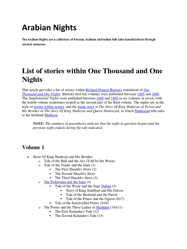 Arabian Nights: List of Stories Within One Thousand and One Nights ...