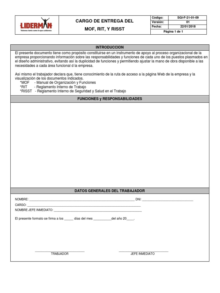 SGI-F-21!01!09 Cargo de Entrega Del RIT RISST MOF Ver 01 | PDF