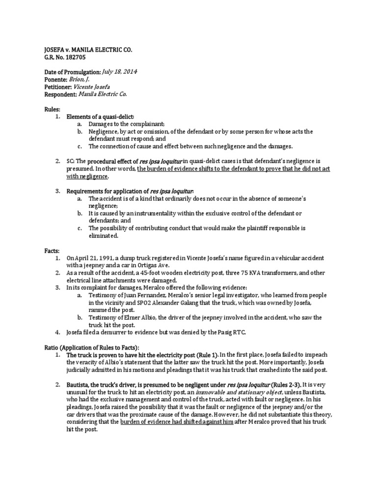 Josefa V Meralco Digest | PDF | Negligence | Virtue