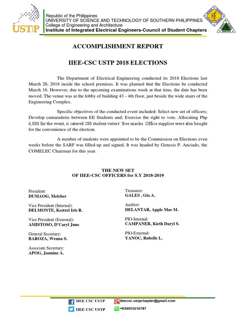 Accomplishment Report Elections IIEE CSC USTP | PDF | Government