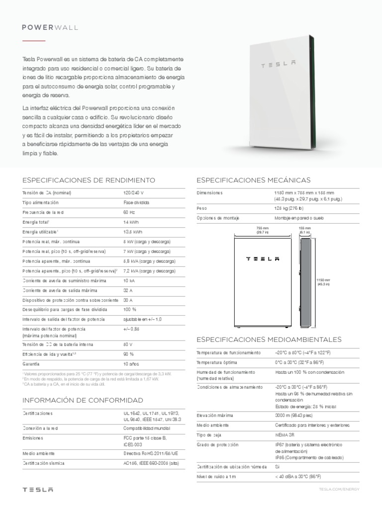 Powerwall 2 CA Datasheet Na Espanol | PDF | Ingenieria Eléctrica ...