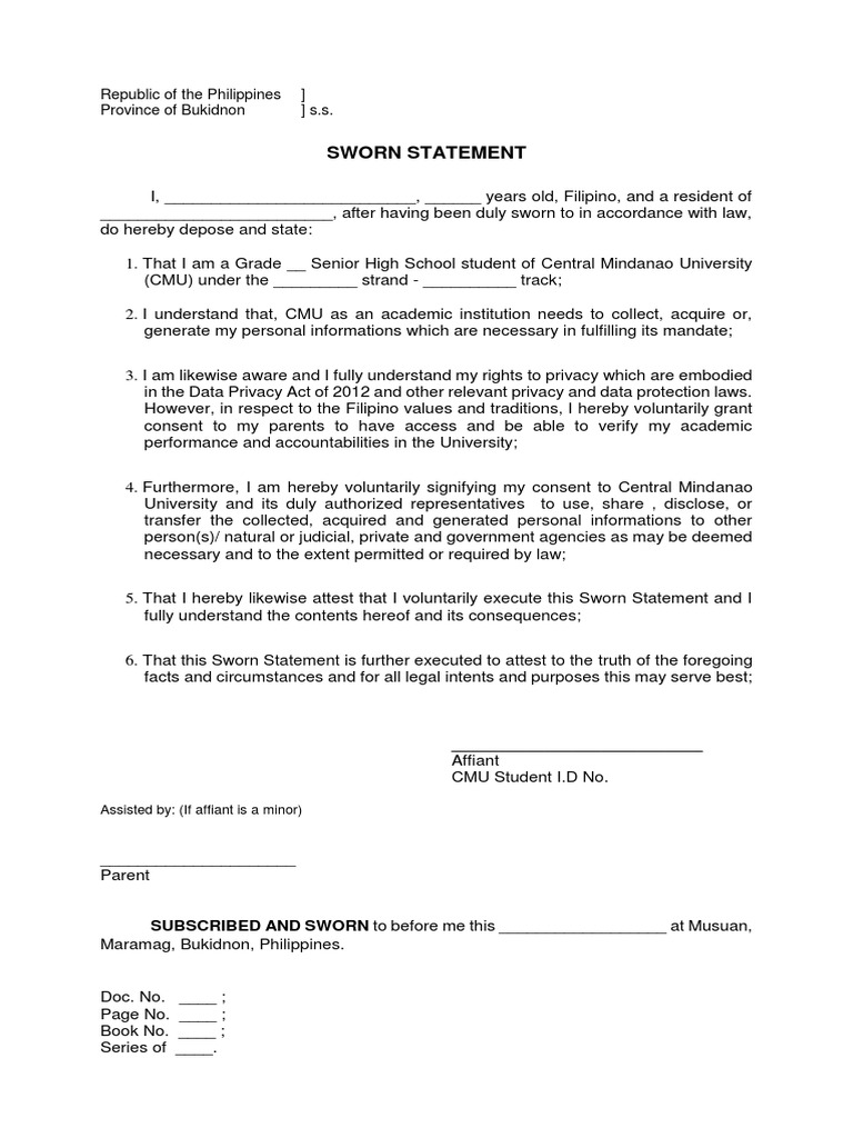 Sworn Statement: Republic of The Philippines) Province of Bukidnon) S.S ...