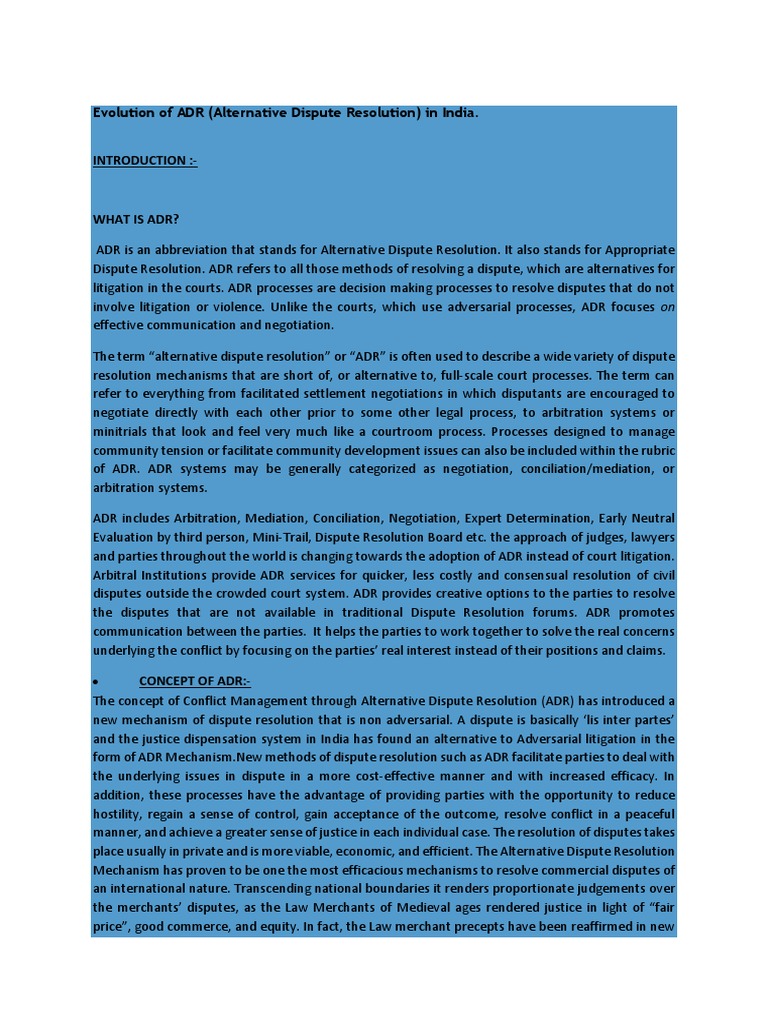 Evolution of ADR (Alternative Dispute Resolution) in India | PDF ...