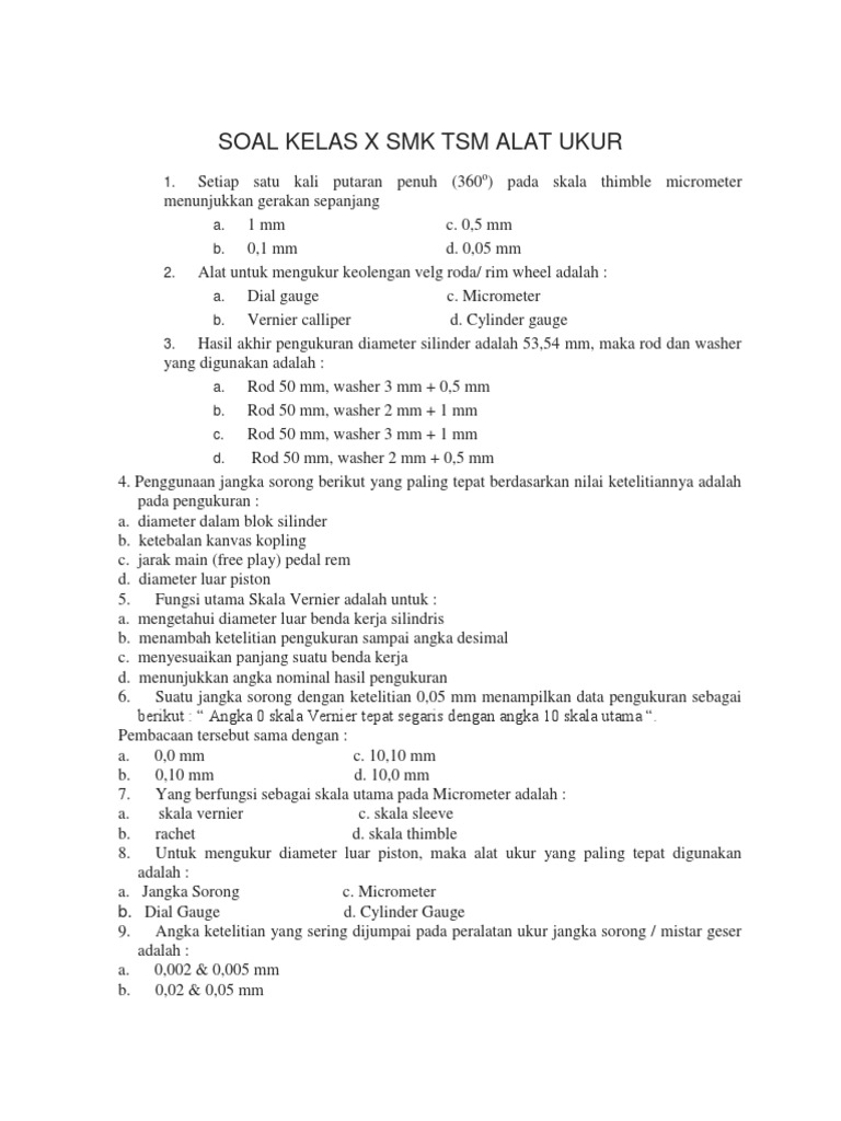 Kumpulan SOAL KELAS X SMK TSM ALAT UKUR | PDF