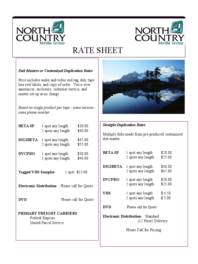 Rate Sheet: Dub Masters or Customized Duplication Rates | PDF ...