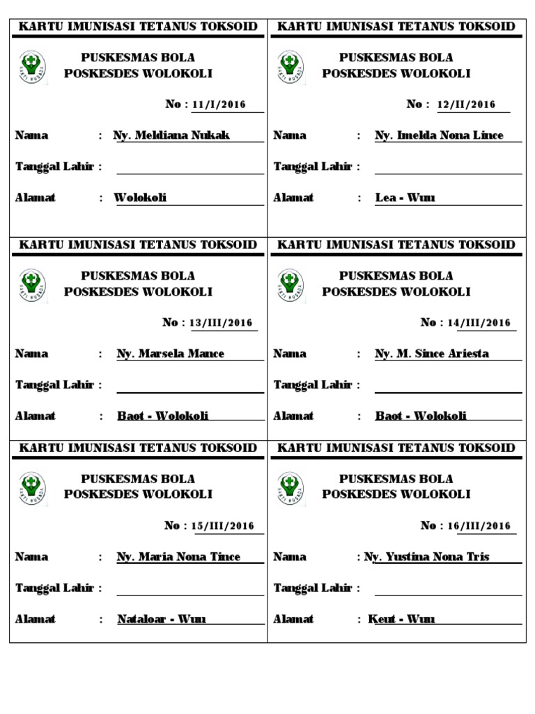 Kartu Imunisasi Tetanus Toksoid | PDF | Kesehatan Holistik