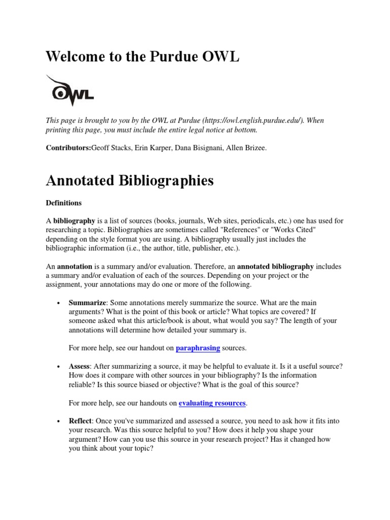 Annotated Bibliography Handout | PDF | Bibliography | Books