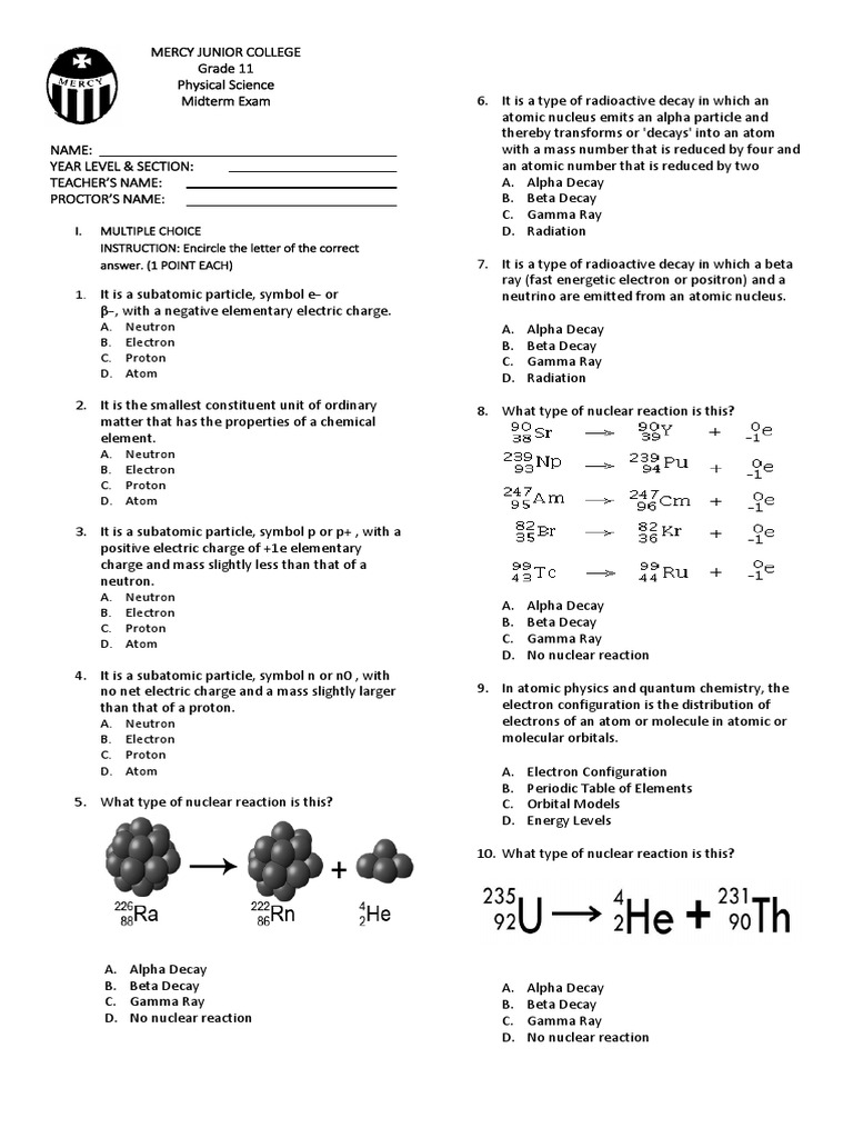 Grade 11 Physical Science Midterm Exam | PDF | Radioactive Decay | Electron