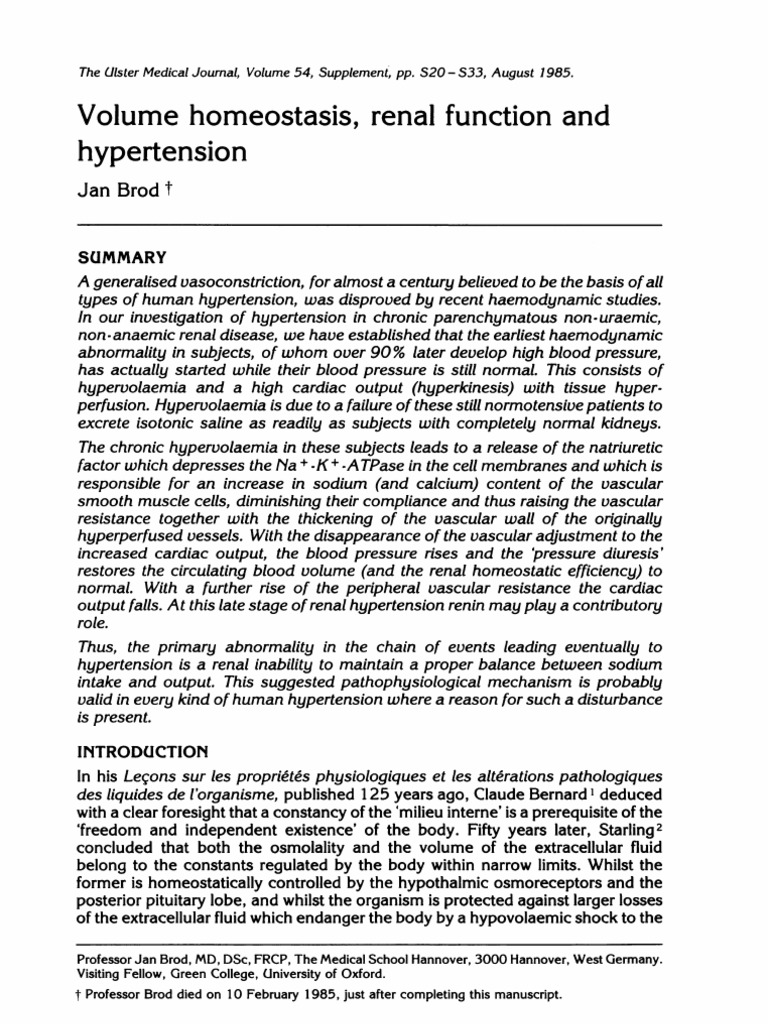 Volume Homeostasis, Renal Function and Hypertension 1985 | PDF ...