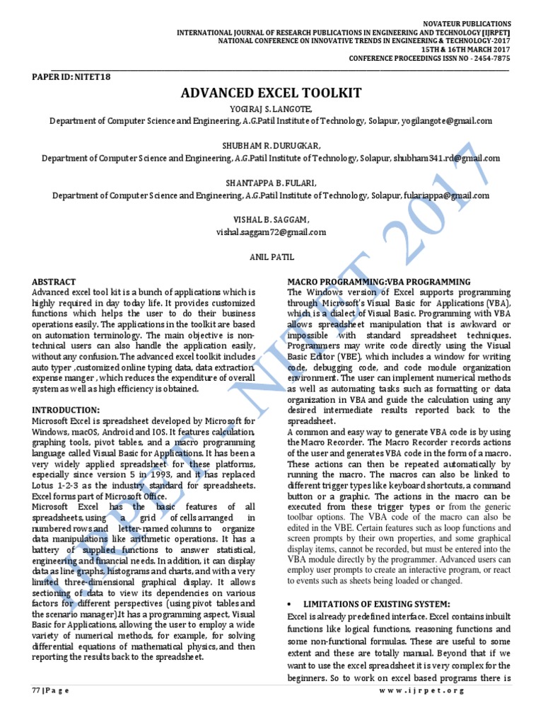 Advanced Excel Toolkit: Paper ID: Nitet18 | PDF | Visual Basic For ...