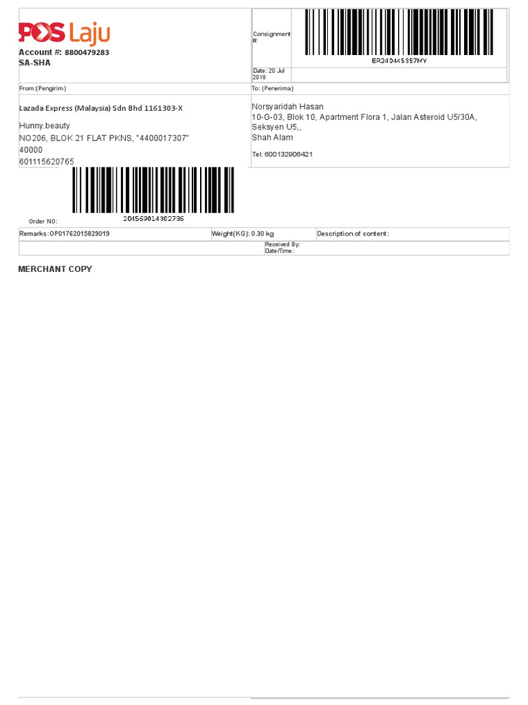 Lazada Express Malaysia Consignment Details | PDF
