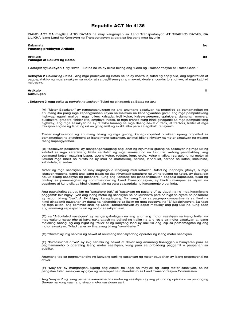 Ra 4136 Land Transportation Code | PDF