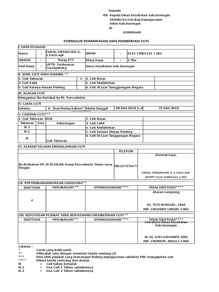 Form Pengajuan Cuti 2018 | PDF