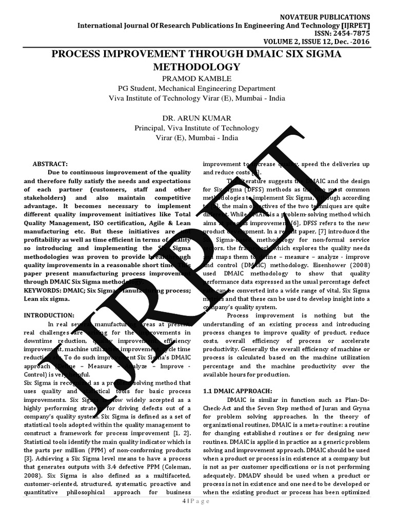 Process Improvement Through Dmaic Six Sigma Methodology Pdf Six