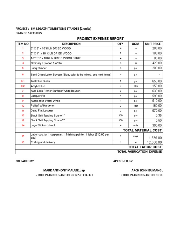 Skechers Tombstone Standee Expense Report | PDF | Crafts | Decorative Arts