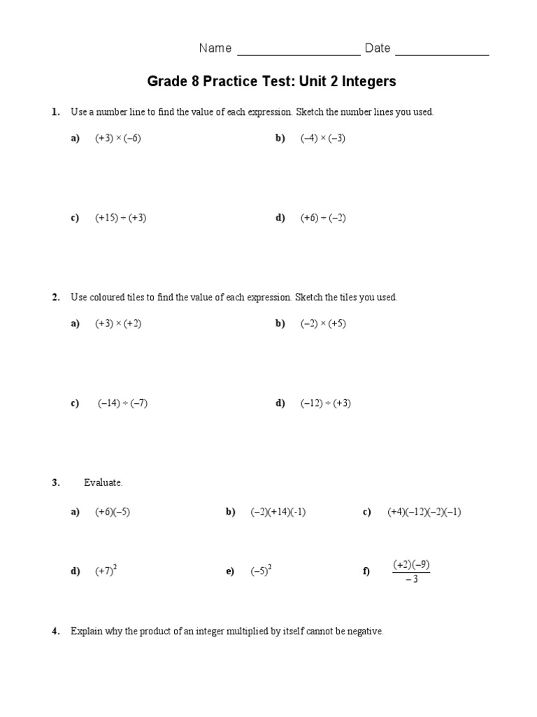 Grade 8 Practice Test: Unit 2 Integers: Name Date | PDF