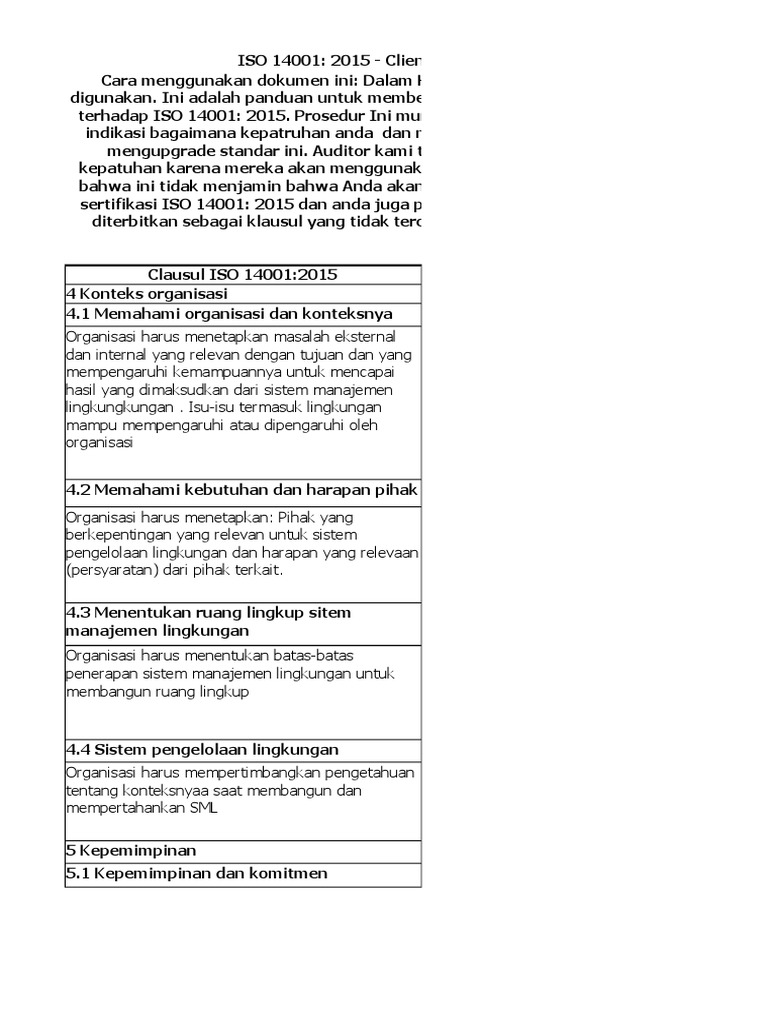 Checklist ISO 14001-2015 PLN Belawan | PDF