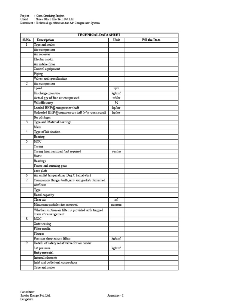 Air Compressor Data Sheet | PDF | Valve | Bearing (Mechanical) Air Compressor Data Sheet | PDF | Valve | Bearing (Mechanical)