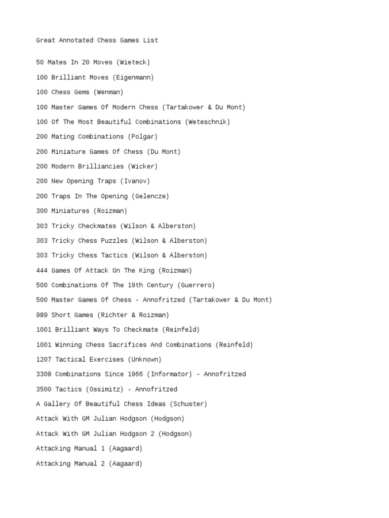 Great Annotated Chess Games List | PDF | Chess | Traditional Board Games